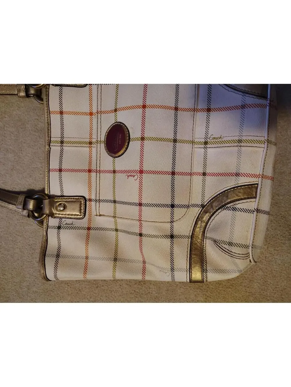 Coach | Bags | Coach White Multi Tattersall Plaid Heritage Bucket Tote ...